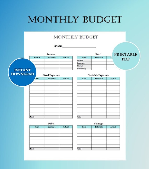 Monthly Budget Overview Printable Blue Color Income and | Etsy