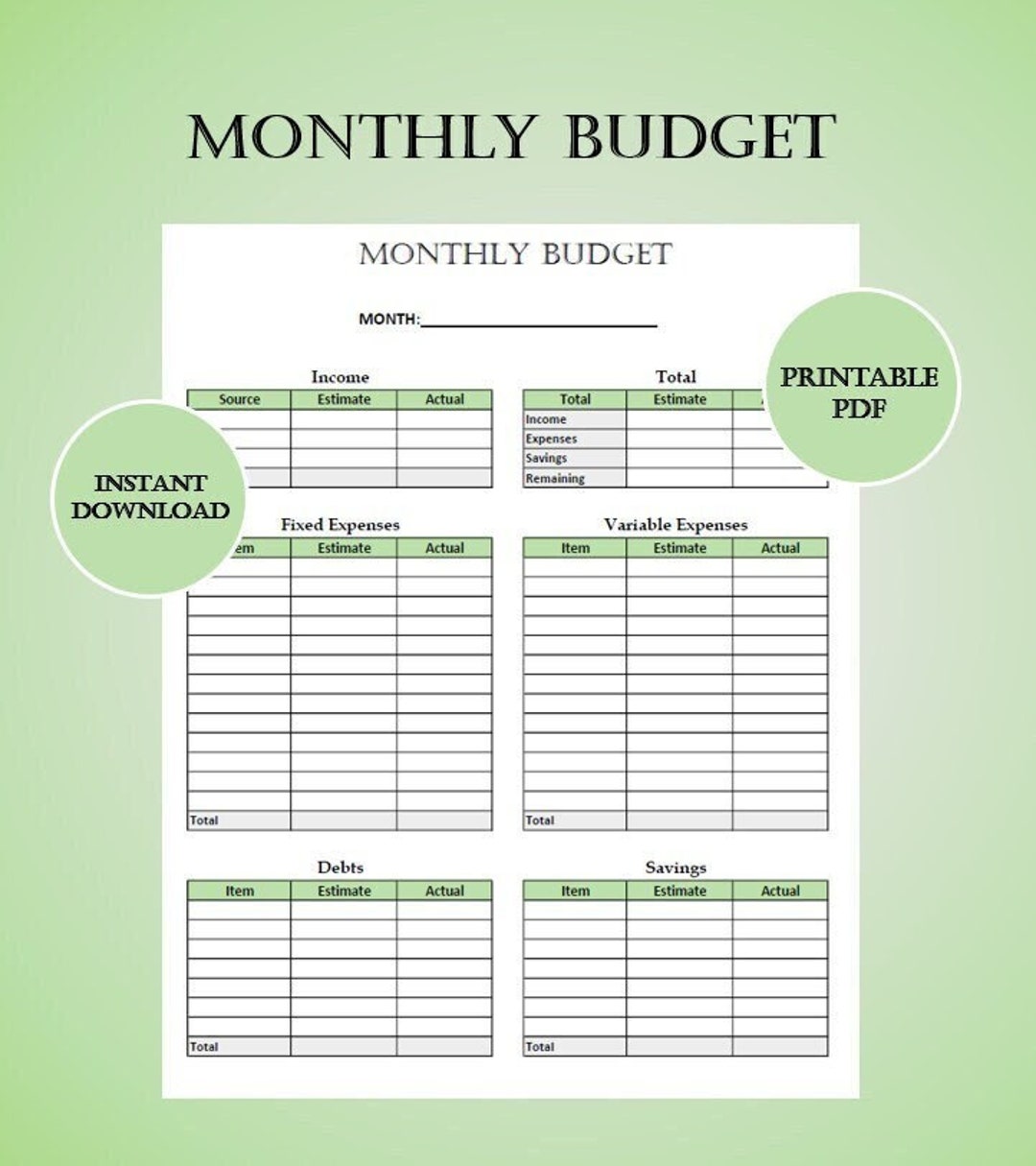 Monthly Budget Overview Printable | Green Color | Income and Expense ...