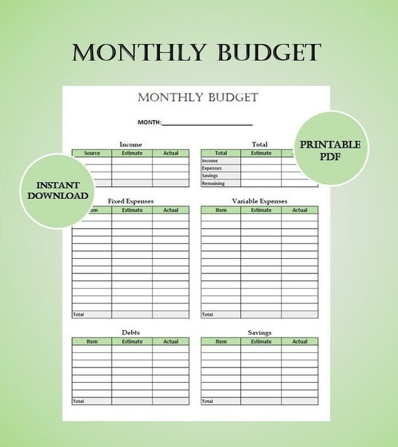 Monthly Budget Overview Printable Green Color Income and | Etsy