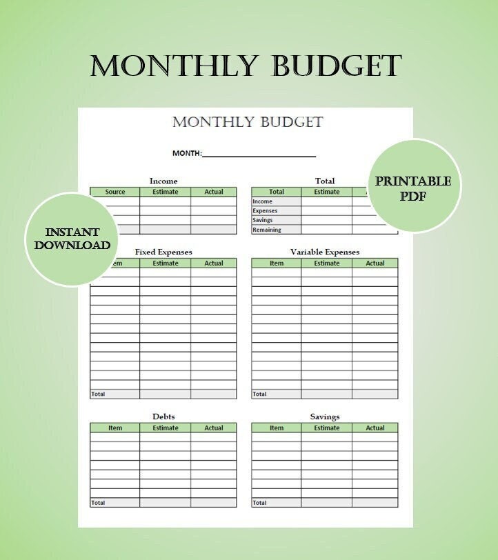 Monthly Budget Overview Printable | Green Color | Income and Expense ...