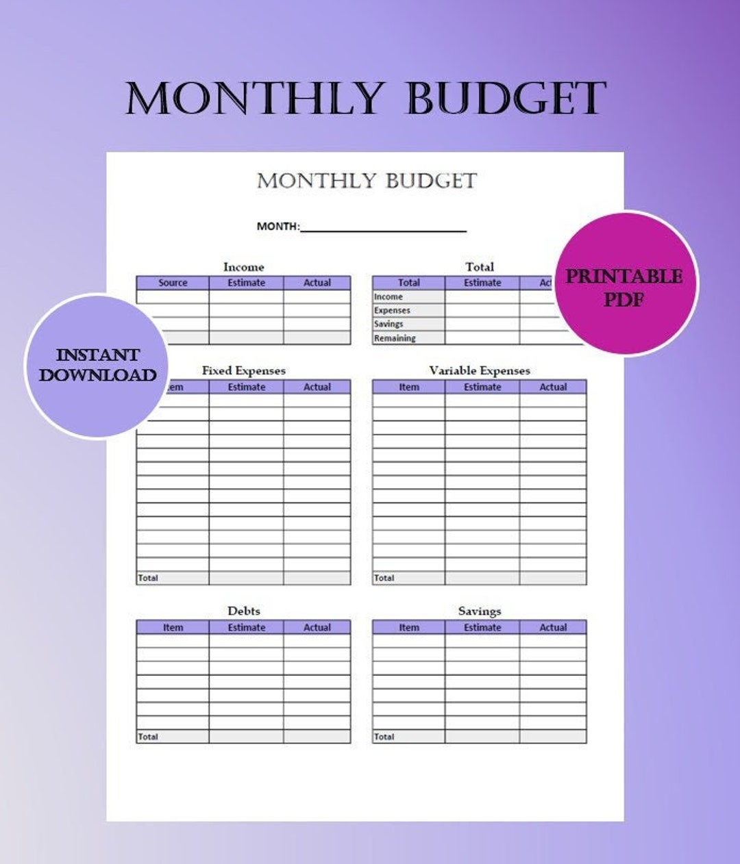 Monthly Budget Overview Printable | Purple Color | Income and Expense ...