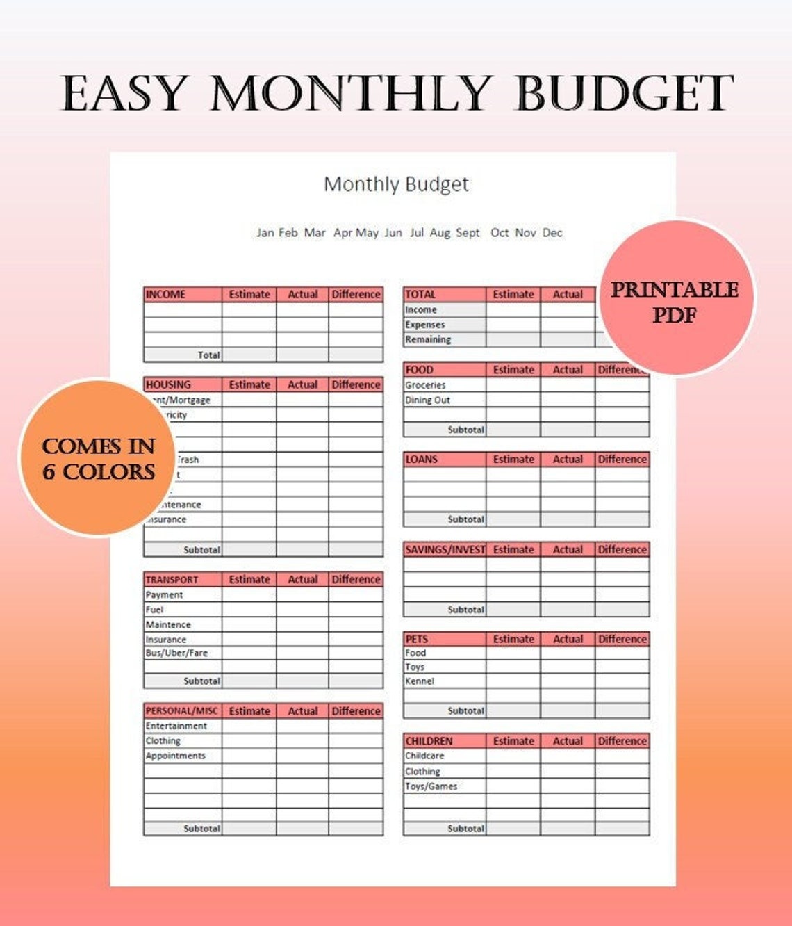 Easy Budget Printable | 6 Colors Bundle | Income and Expense Worksheet ...