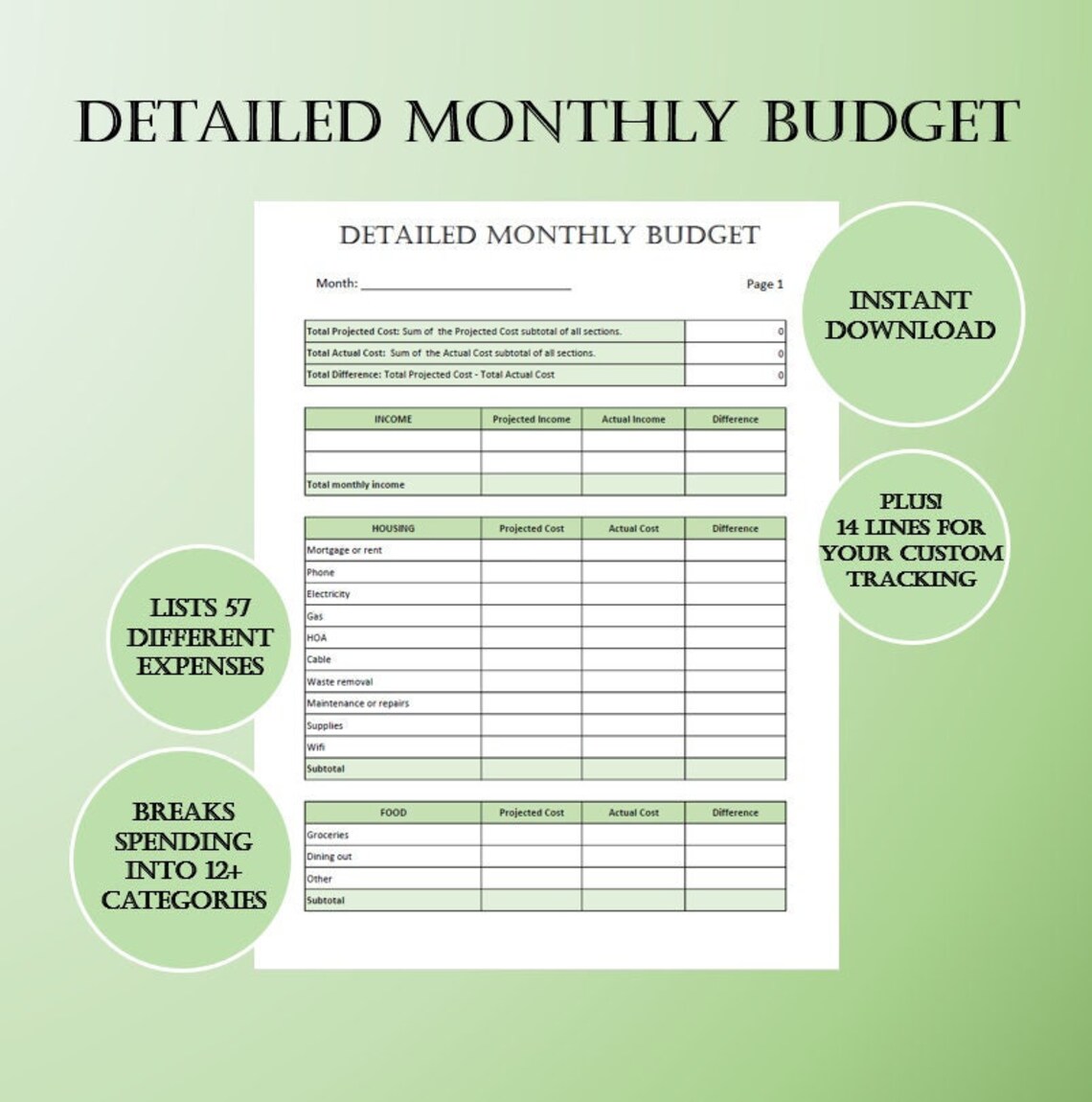 Ultimate & Detailed Monthly Budget Printable | Green Color | Income and ...