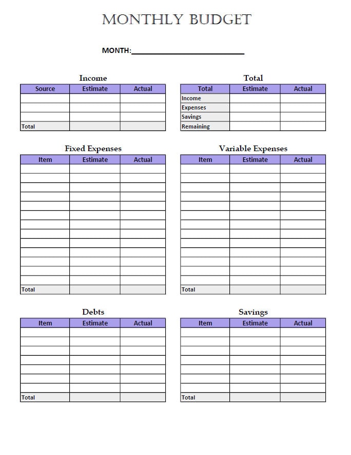 Monthly Budget Overview Printable | 4 Colors | Income and Expense ...