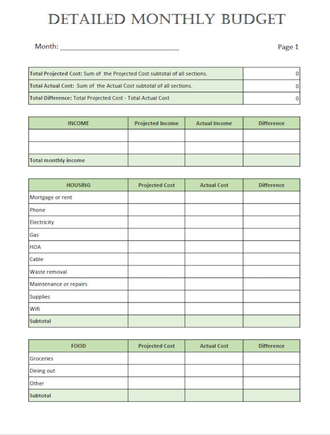 Ultimate & Detailed Monthly Budget Printable | Green Color | Income and ...