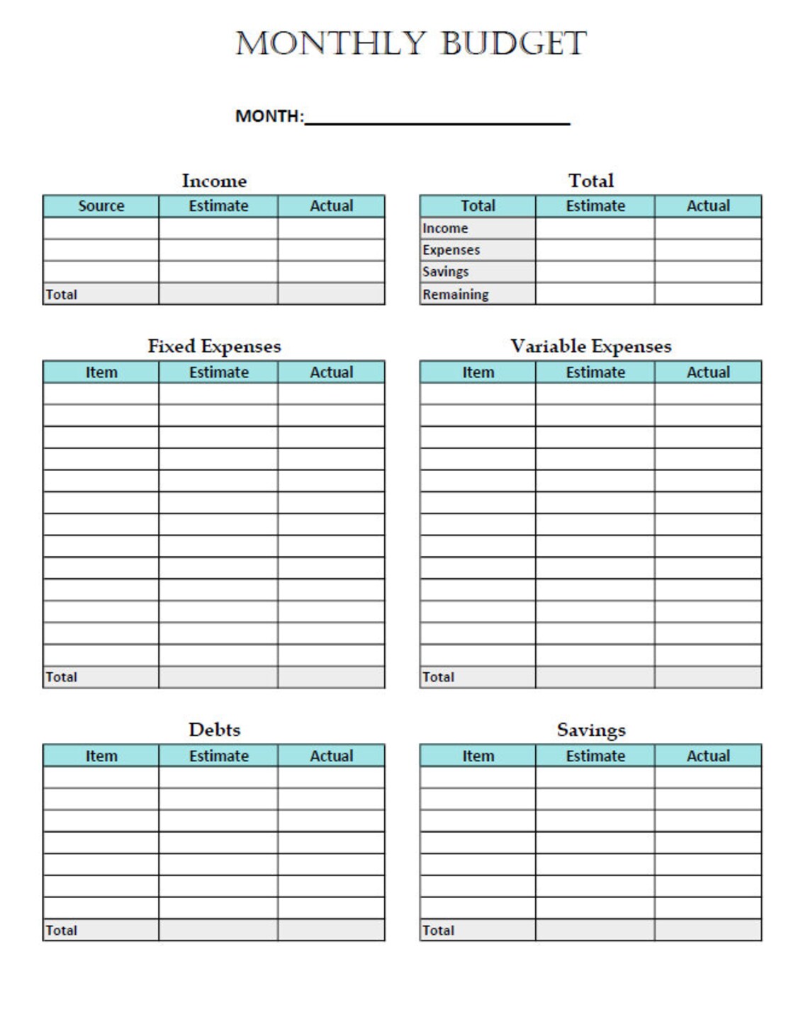 Monthly Budget Overview Printable | 4 Colors | Income and Expense ...