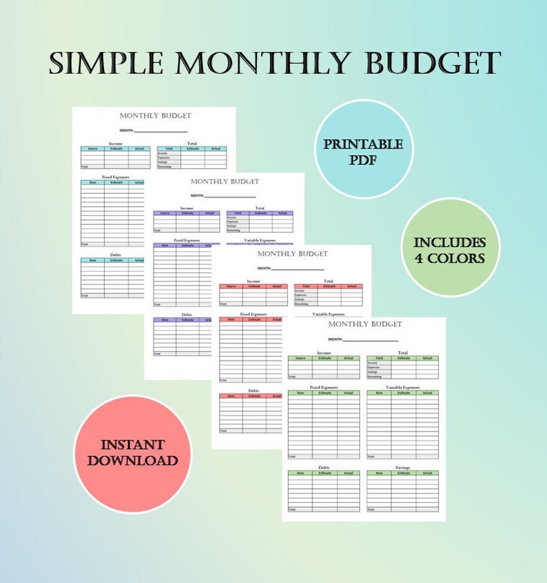 Monthly Budget Overview Printable | 4 Colors | Income and Expense ...