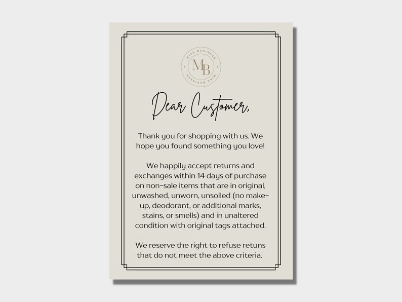 Simple Return Policy Template, DIY Printable Business Card Design ...