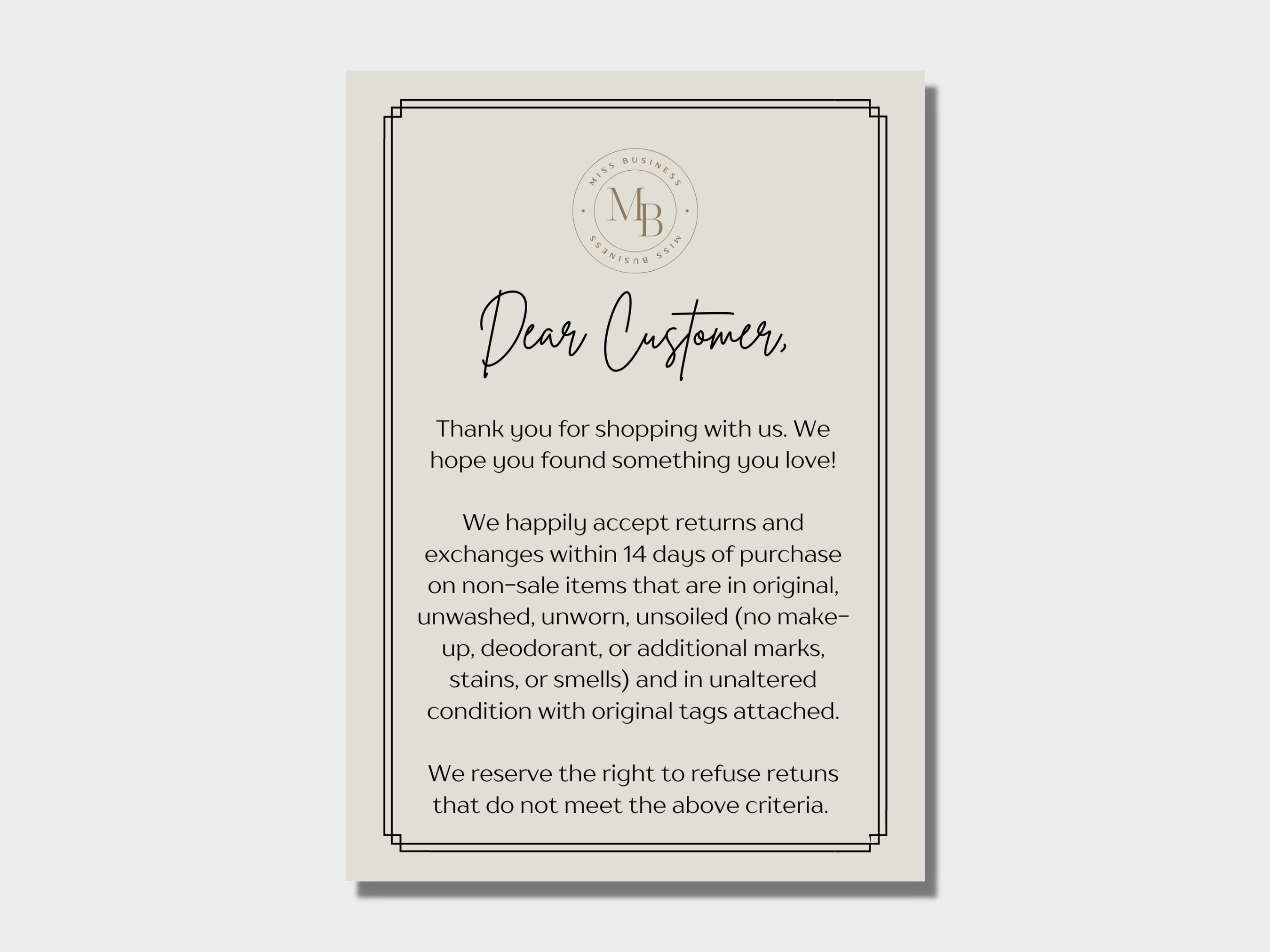 Simple Return Policy Template, DIY Printable Business Card Design ...