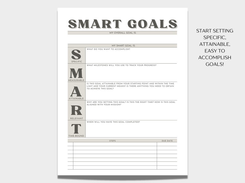 Goal Setting Worksheet | SMART Goals Template | Printable Goals Planner ...