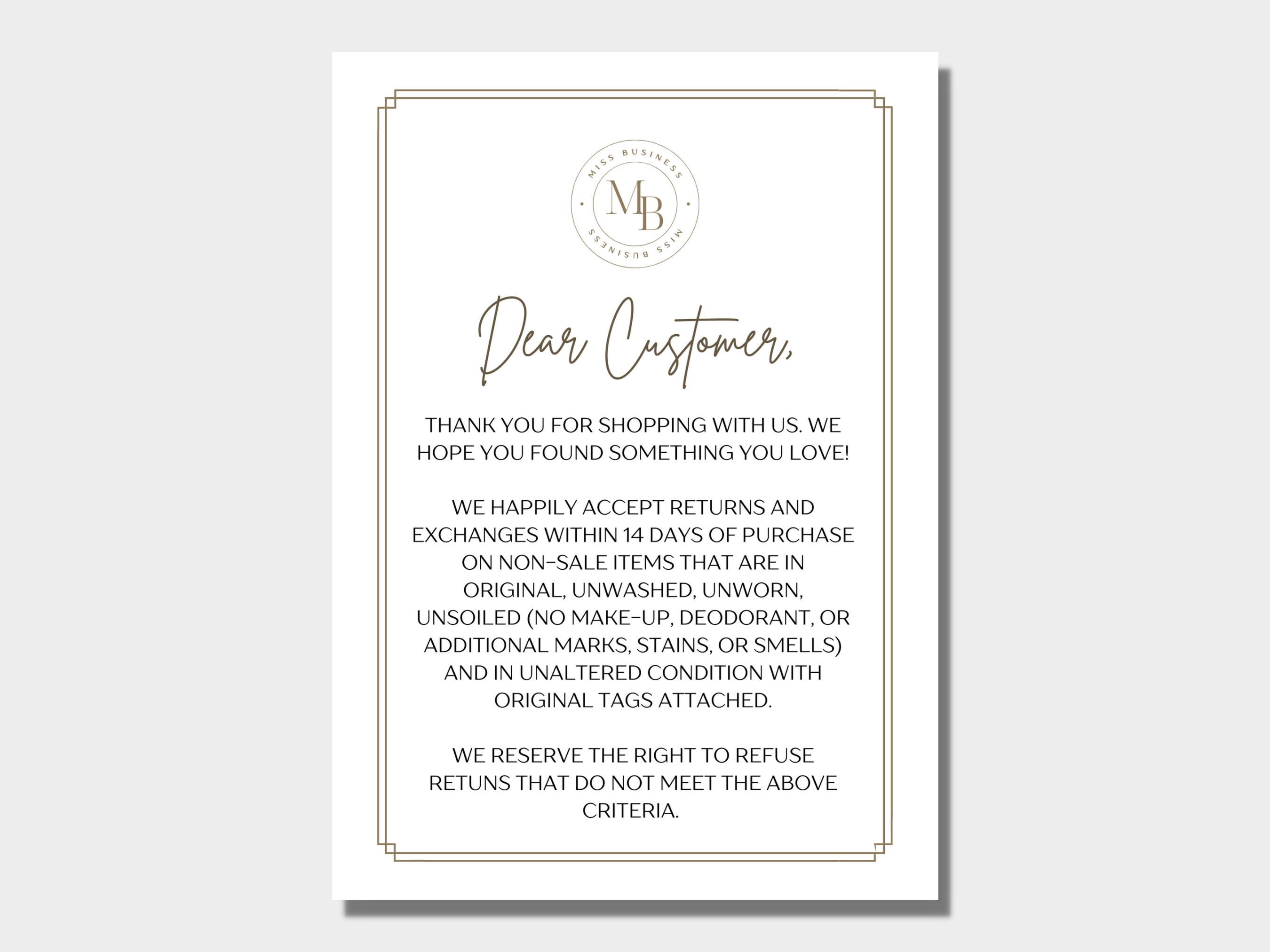 Simple Return Policy Template, DIY Printable Business Card Design ...