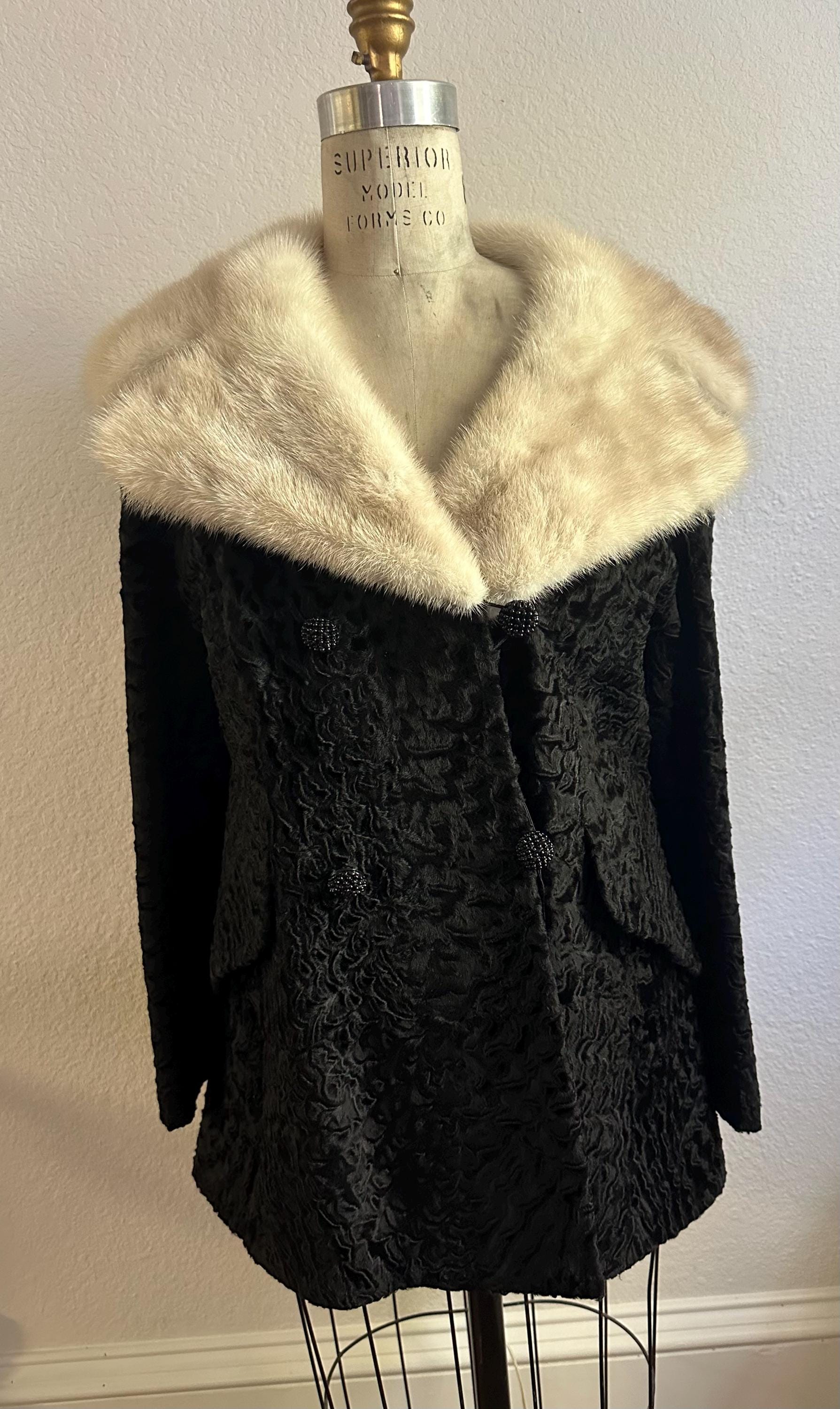 Vintage 1950's Black Curly Lambs Wool Coat With White Mink Collar - Etsy