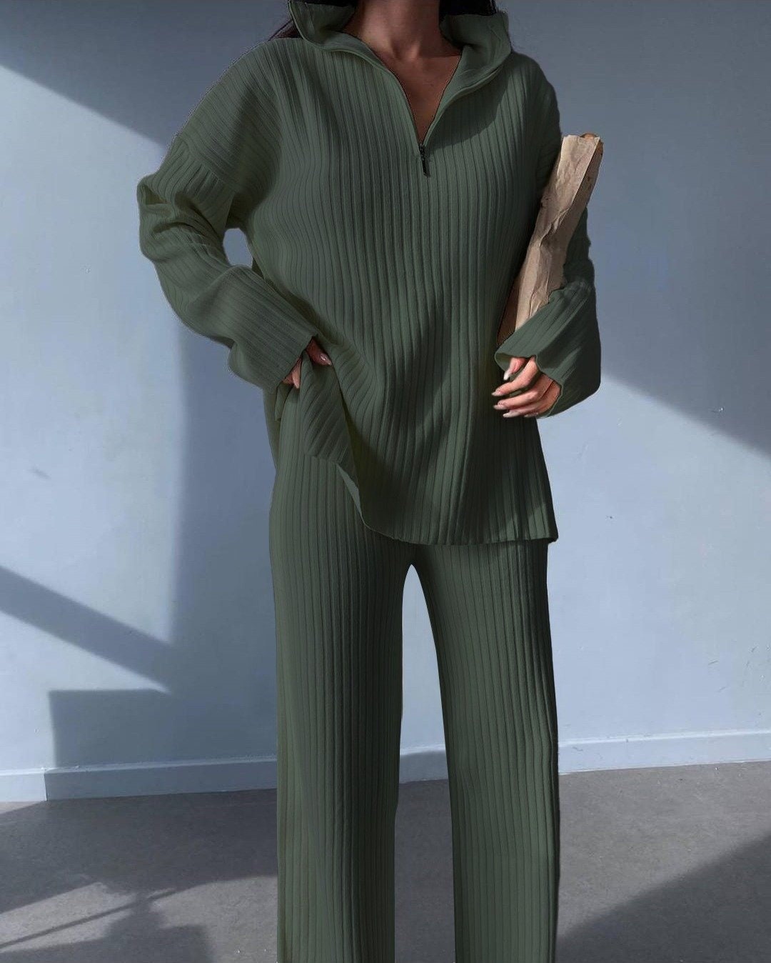 Ribbed Green Loungewear Set Two Pieces, Comfy Loose Top and Pants for ...