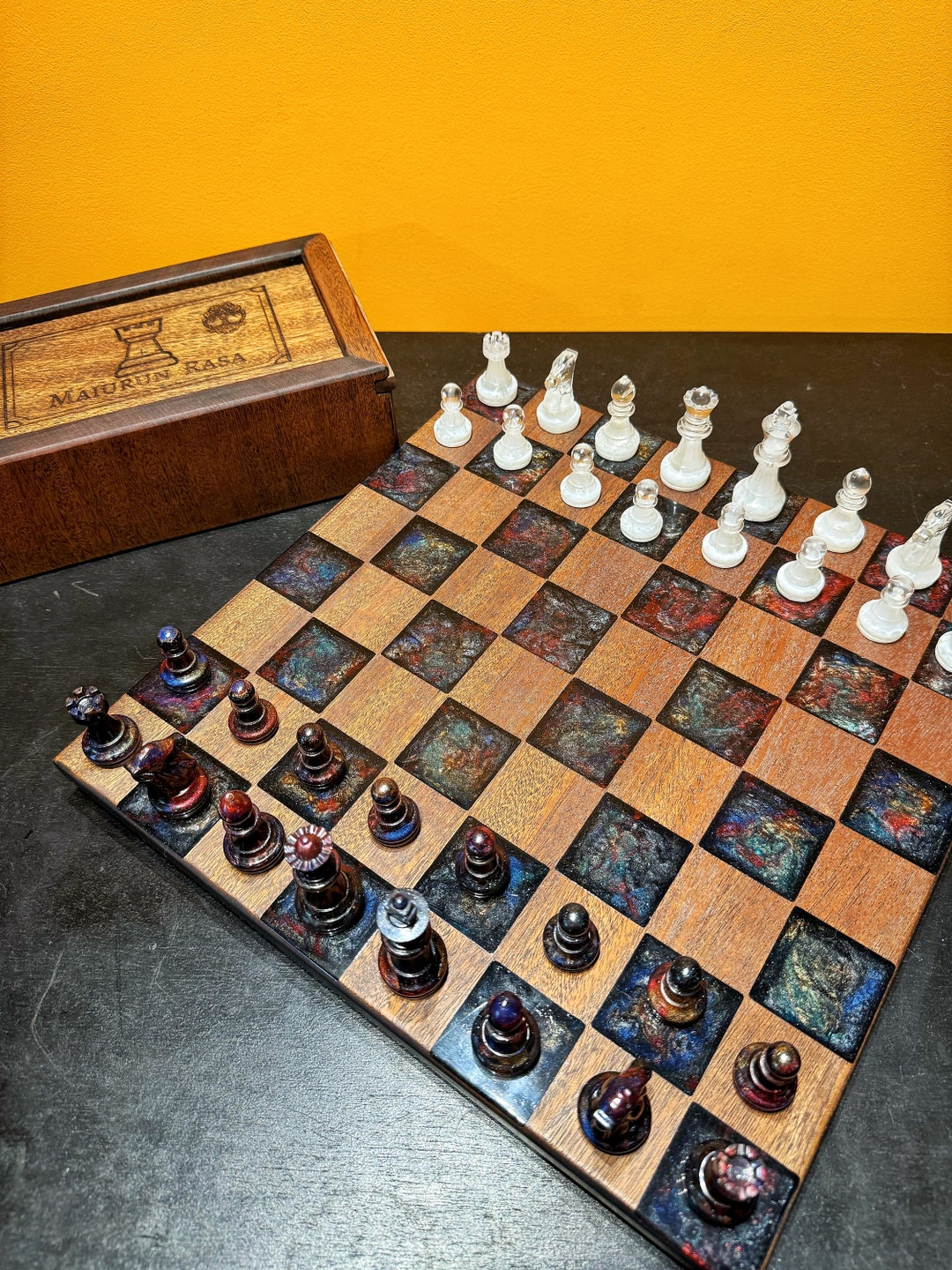 Chess Set - Chessboard With Pieces & Box, Wood and Epoxy Resin - Etsy