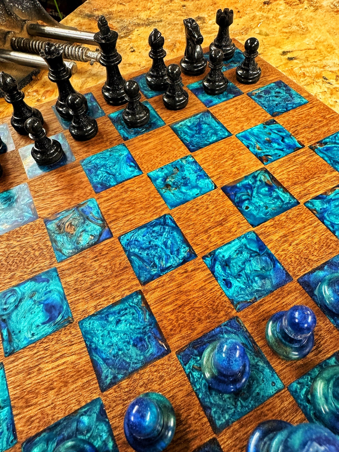 Cosmic Molten Blue Epoxy Resin & Wood Chessboard With Matching Pieces ...
