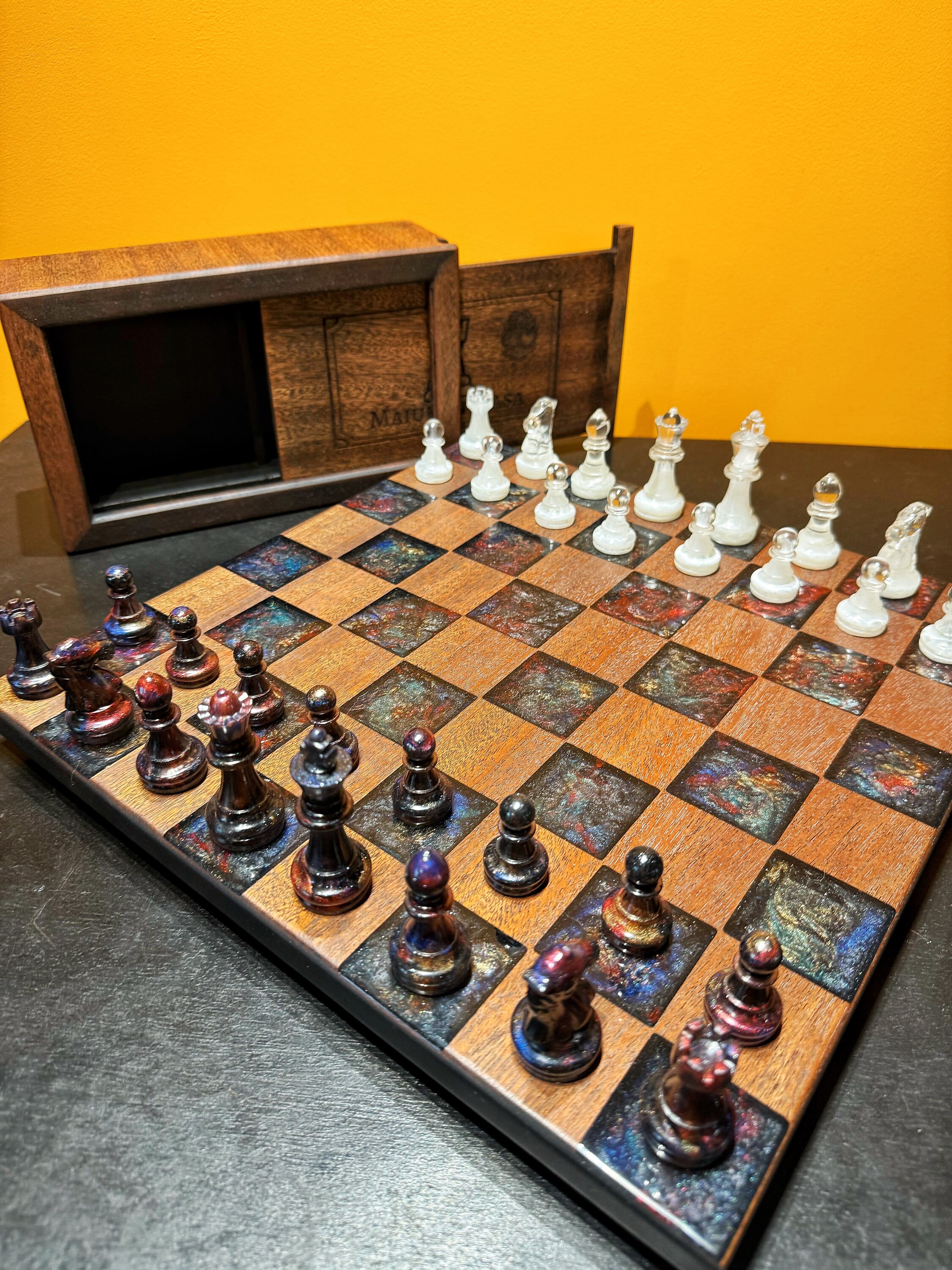 Chess Set - Chessboard With Pieces & Box, Wood and Epoxy Resin - Etsy