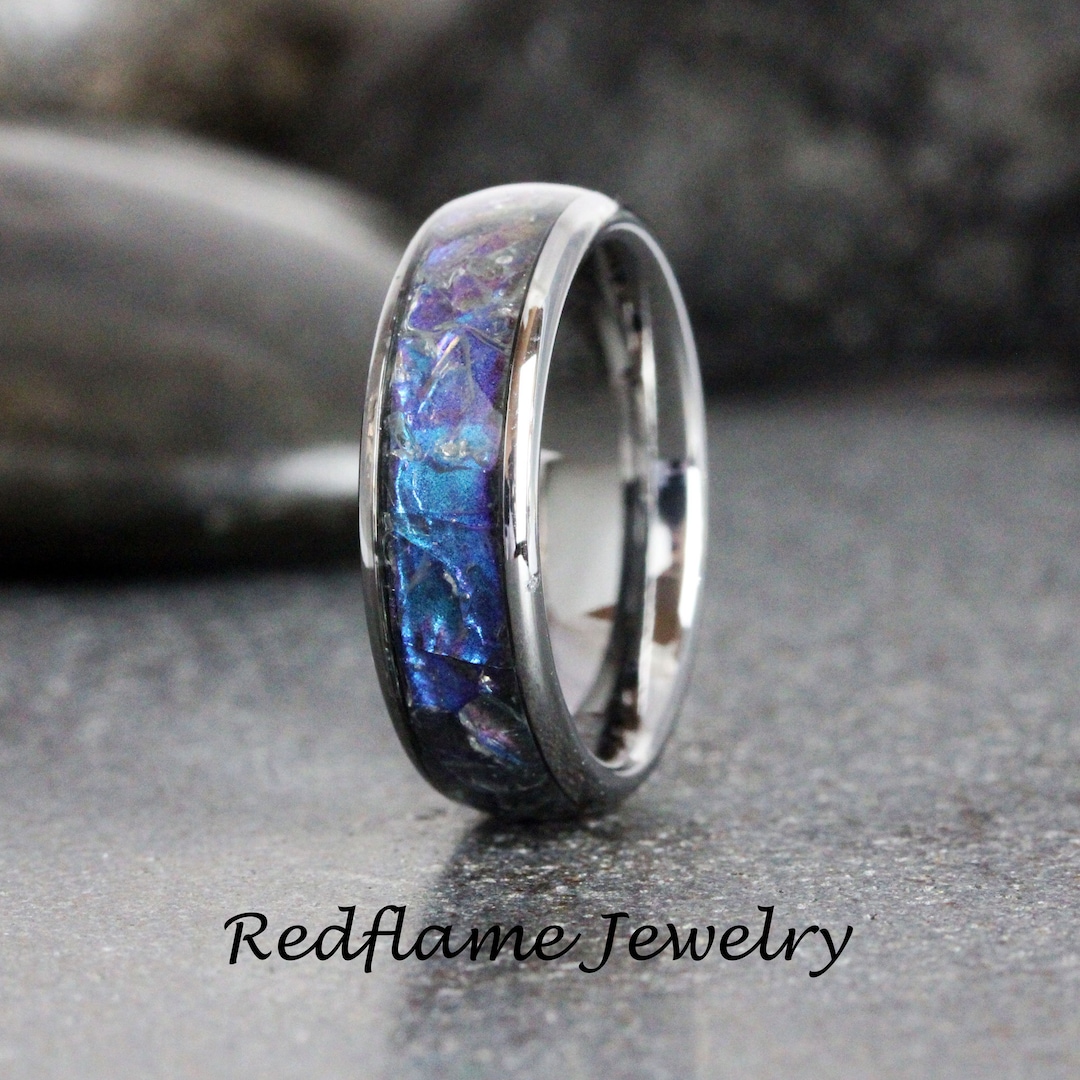 Polished Alexandrite Crushed Wedding Ring, Silver Gray Changing Color Ring Rose Black Yellow ...