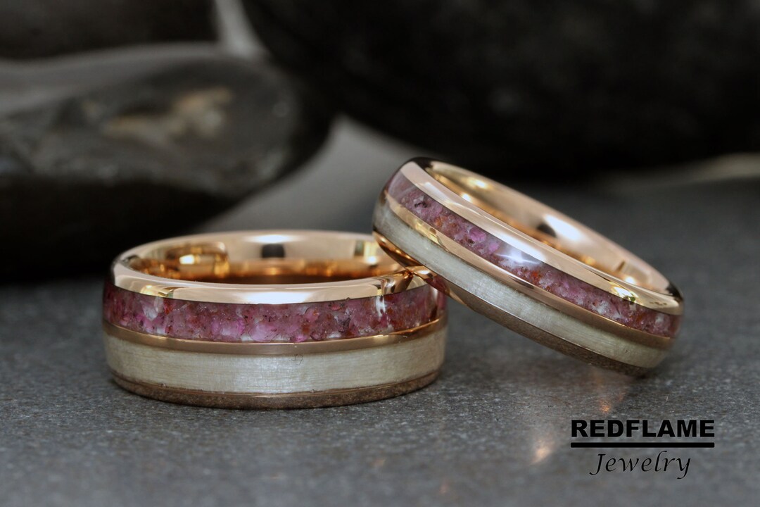 Garnet Wedding Band, Crushed Garnet White Birch Wood Ring, Rose Gold ...
