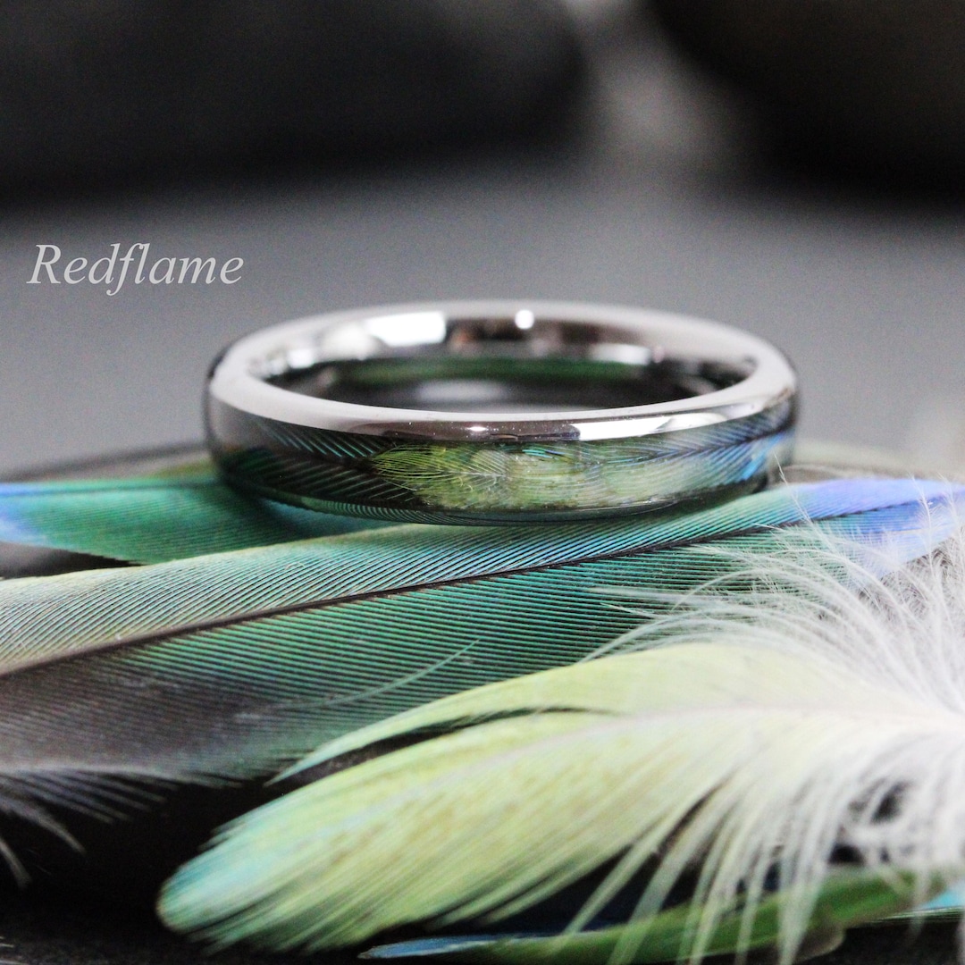 Bird Feather Custom Inlay Ring, Silver Gold Rose Black Tungsten Band, 4 ...