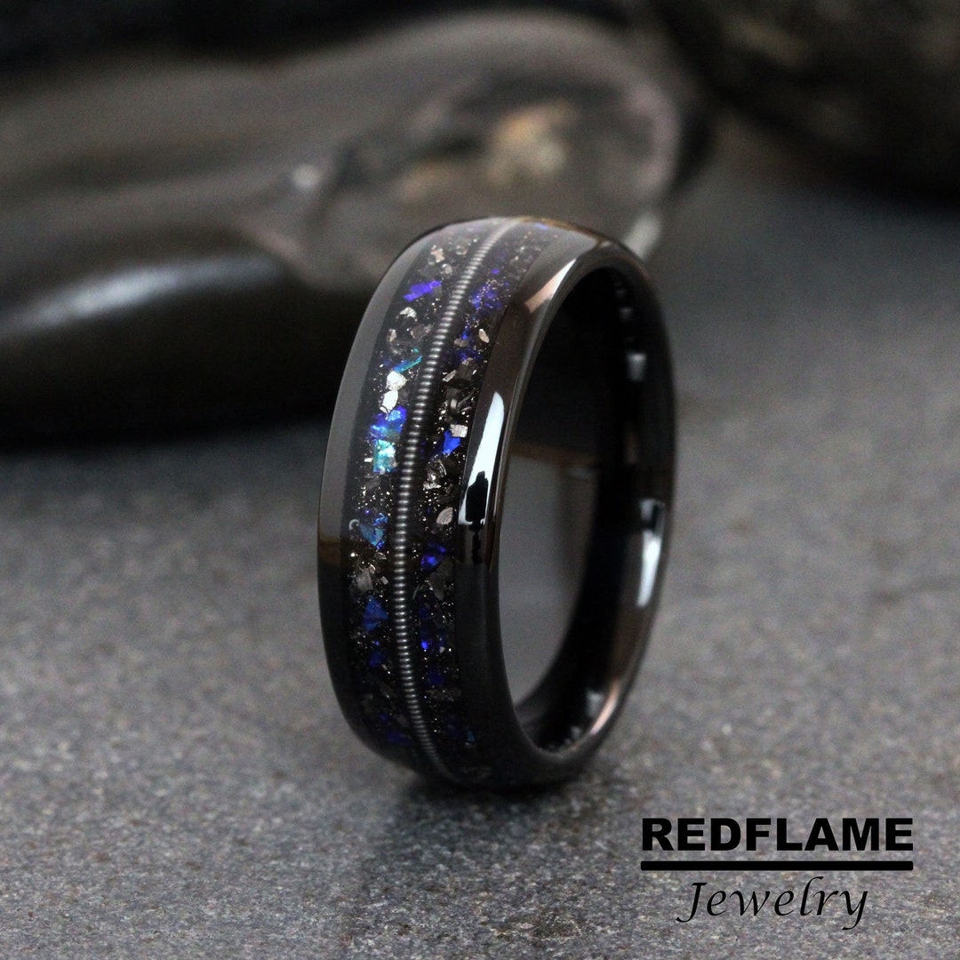 Meteorite Wedding Ring, Nebula Bluestone Guitar String Meteorite Ring ...