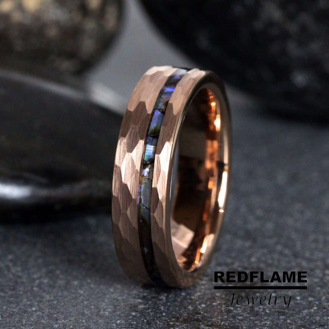 Abalone Wedding Ring Rose Gold Hammer Offset Blue Green Purple Crushed ...