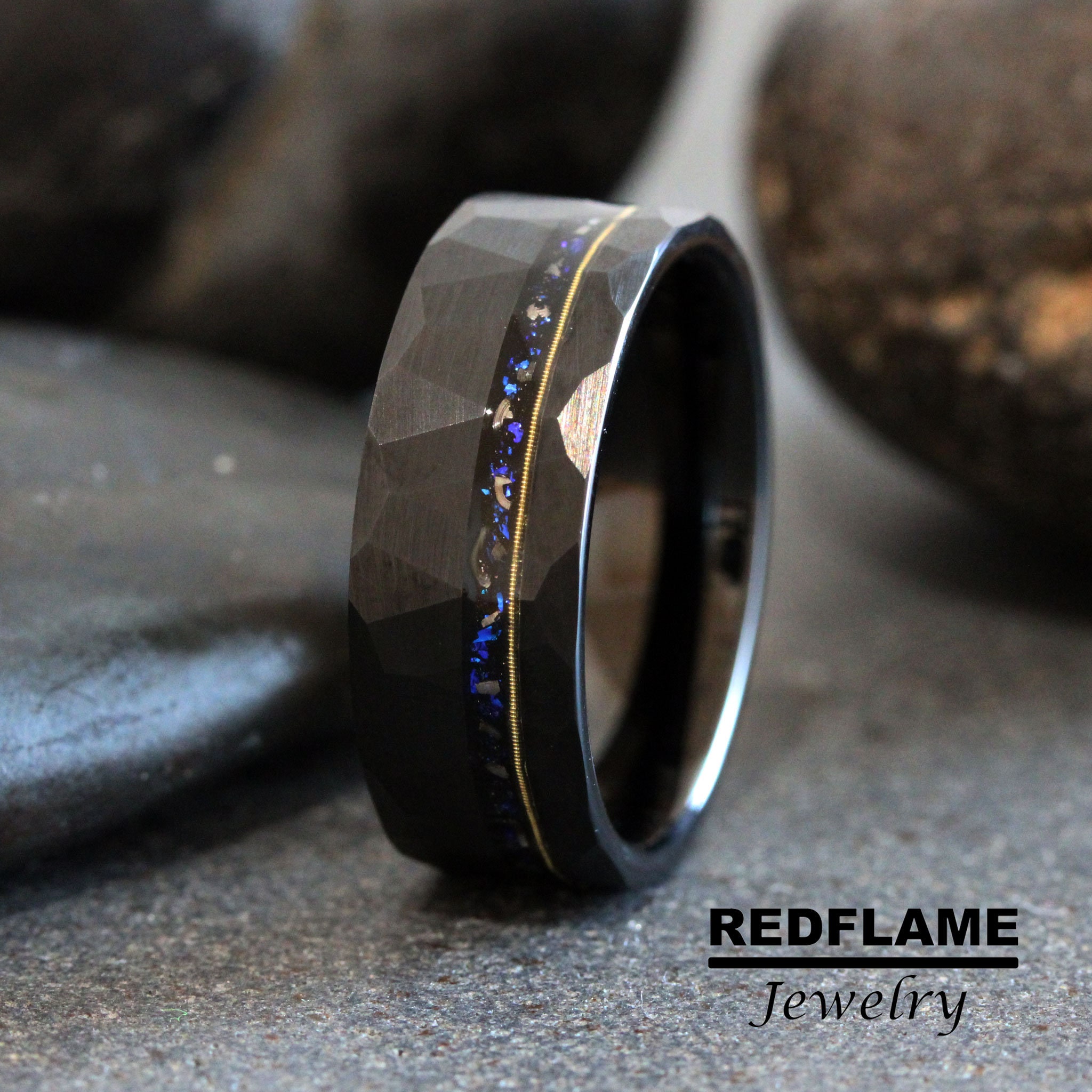Meteorite Wedding Ring, Nebula Bluestone Guitar String Meteorite Ring ...