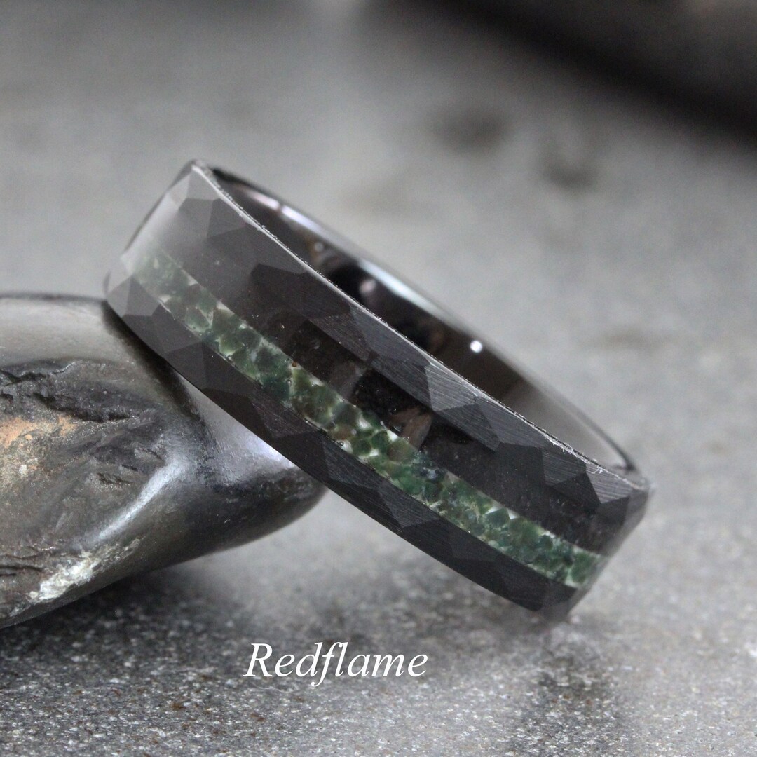 Moss Agate Crushed Rock Wedding Band, Green Ring, Rose Gold Black ...