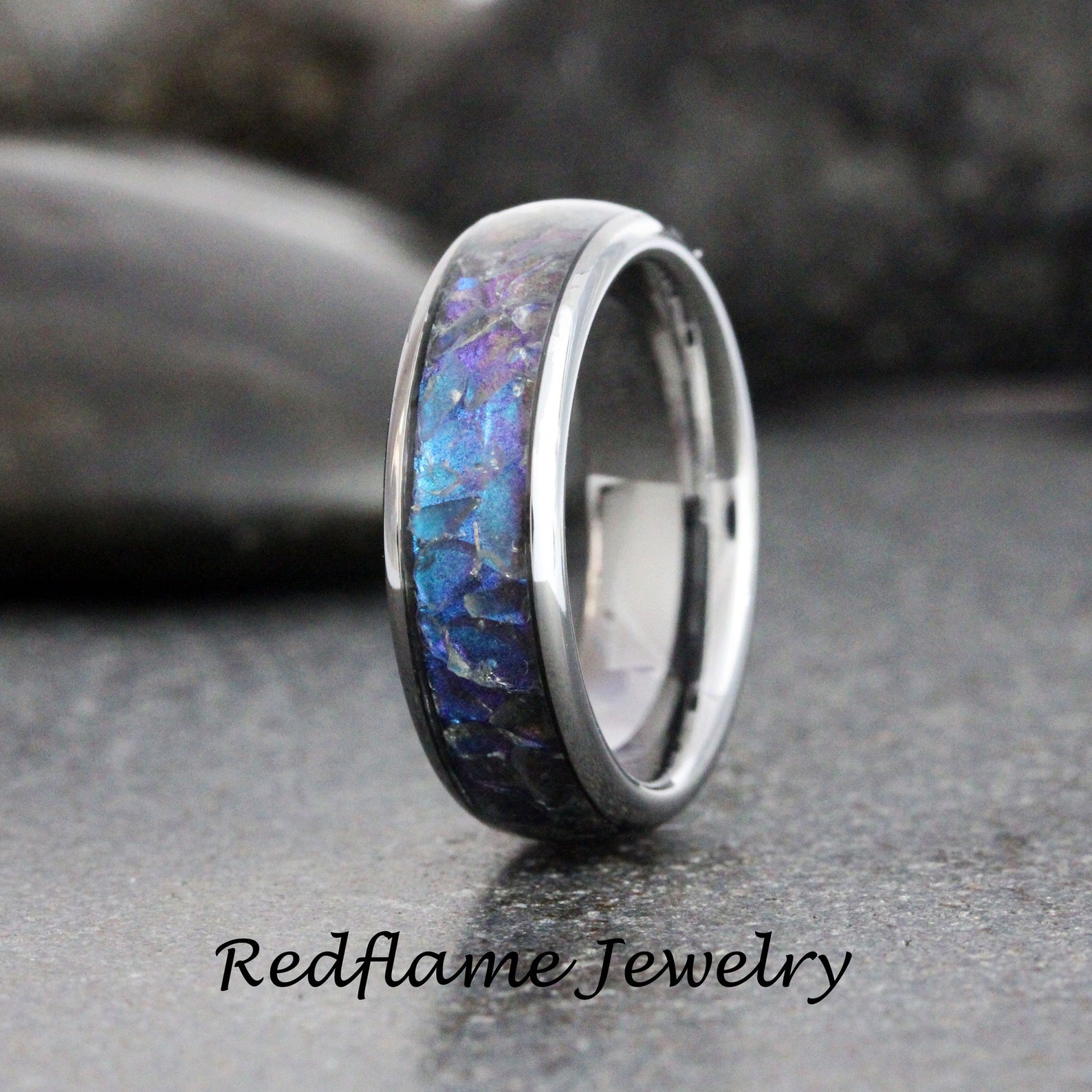 Polished Alexandrite Crushed Wedding Ring, Silver Gray Changing Color ...