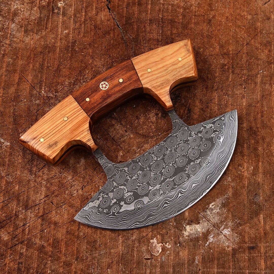 Damascus Chef Kitchen Ulu Knife Celtic Knot Handle Handmade Newly Designed Pizza Cutter Wooden ...