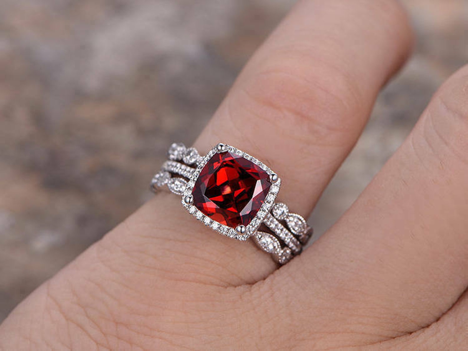 Red Ruby Wedding Ring Set, Cushion & Round Cut, 14k White Gold Finish ...