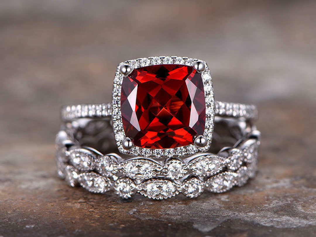 Red Ruby Wedding Ring Set, Cushion & Round Cut, 14k White Gold Finish ...