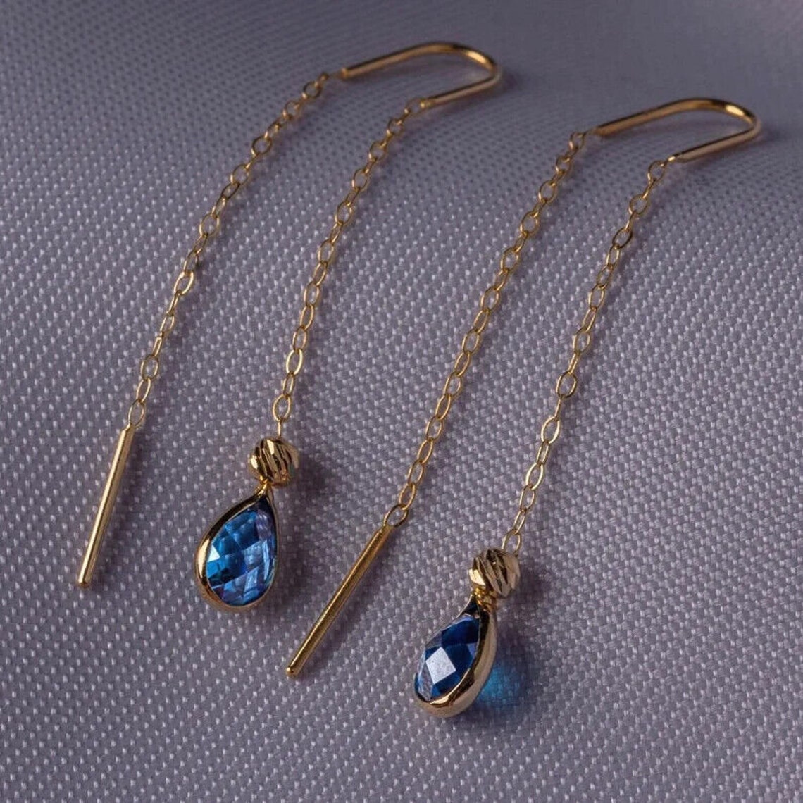 Blue Sapphire Raindrop Dangle Drop Threader Earrings for Women 18K ...
