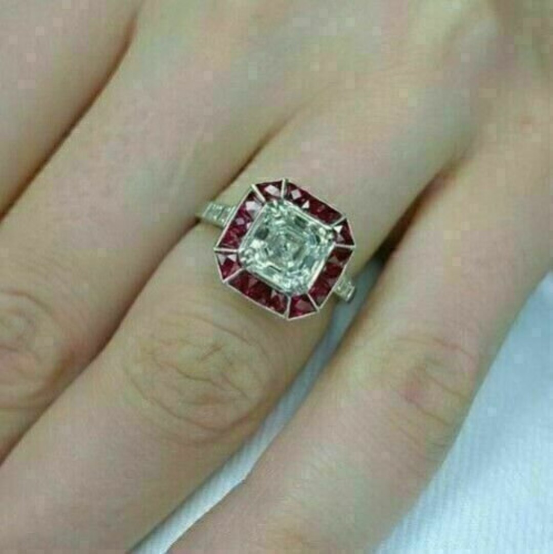 4 Ct Asscher Cut Lab Created Diamond & Ruby Halo Engagement Ring 14k ...