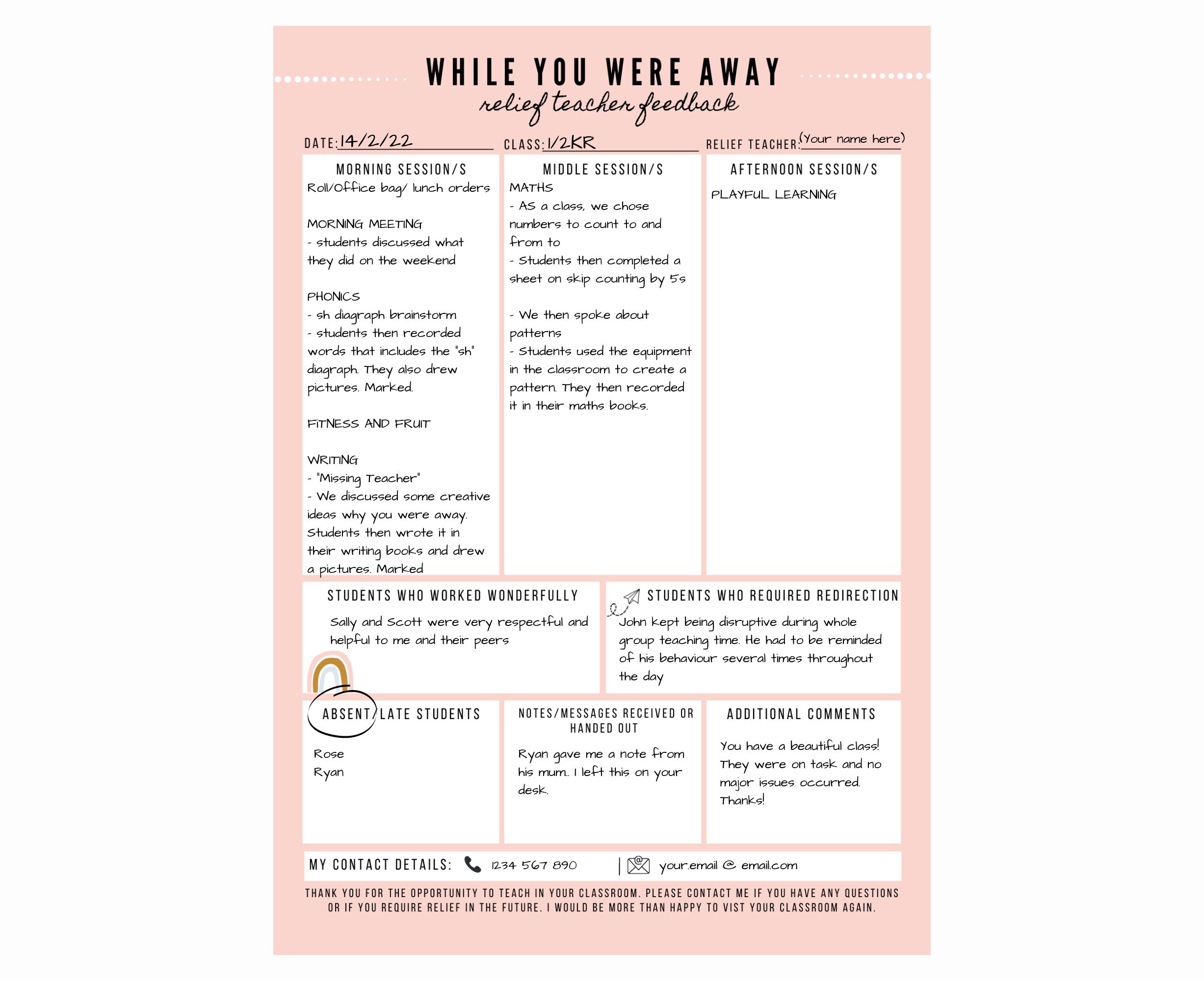 Relief Teaching Feedback While You Were Away Substitute Minimalistic ...