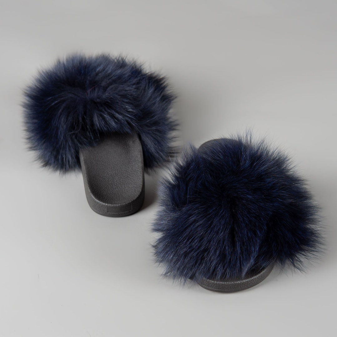 Fox Fur Slides in Blue Color Fluffy Fur - Etsy