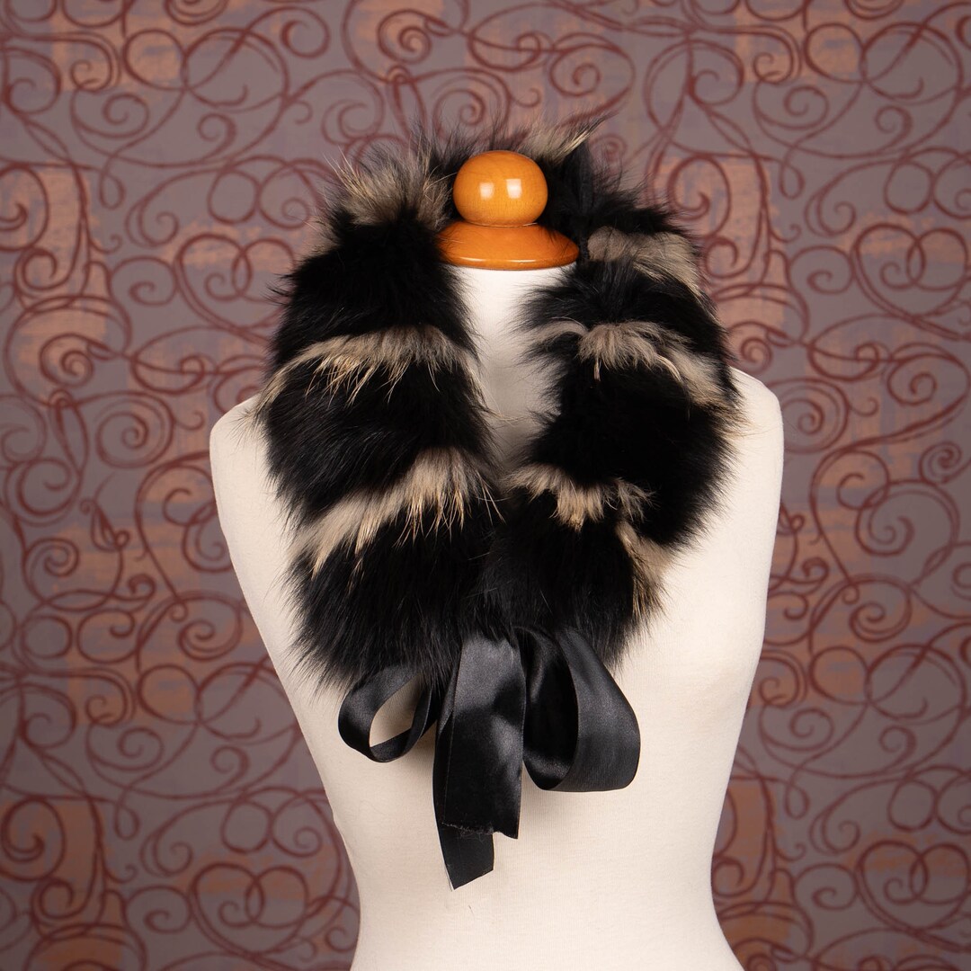 Real Fox Fur Black-gold Scarf With A Brown Ribbon - Etsy