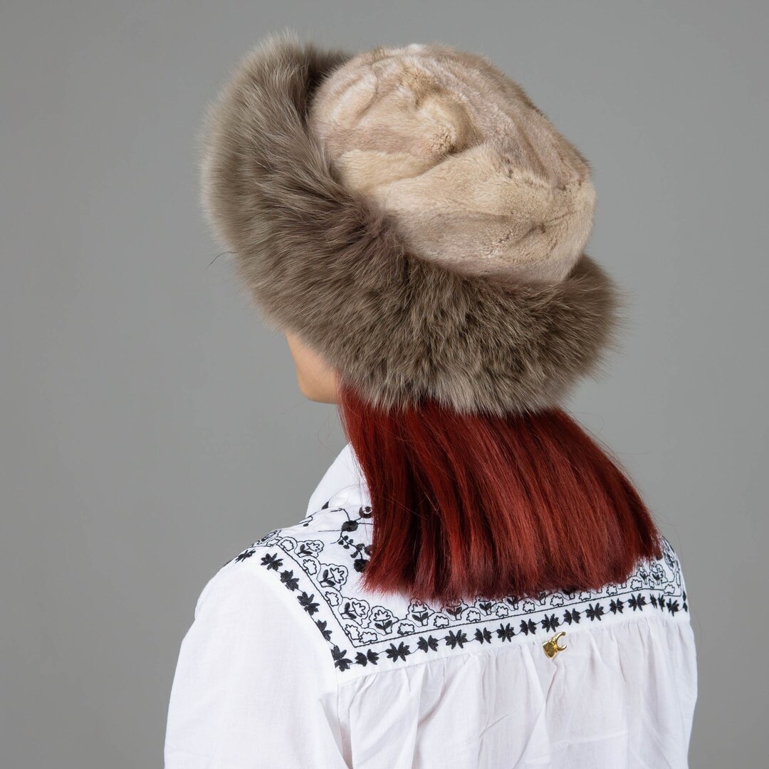 Real Mink and Fox Fur Hat Beige Winter Women Russian Ushanka Warm ...