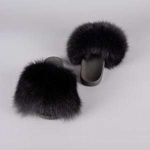Fox Fur Slides in Black Color Fluffy Fur - Etsy
