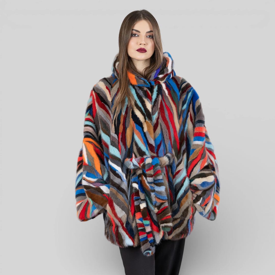 Multicolor Mink Fur Cape With Hood and Matching Waist Belt - Etsy