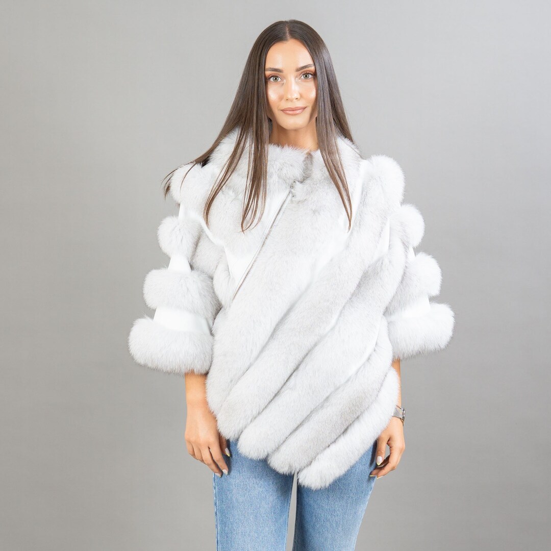 White Fox Fur Cape Coat With Lamb Leather Details With Side Zipper ...