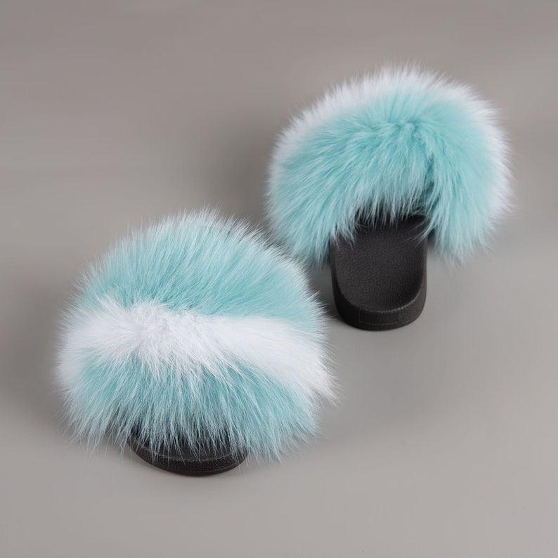 Fox Fur Slides in Ciel White Color Fluffy Fur - Etsy