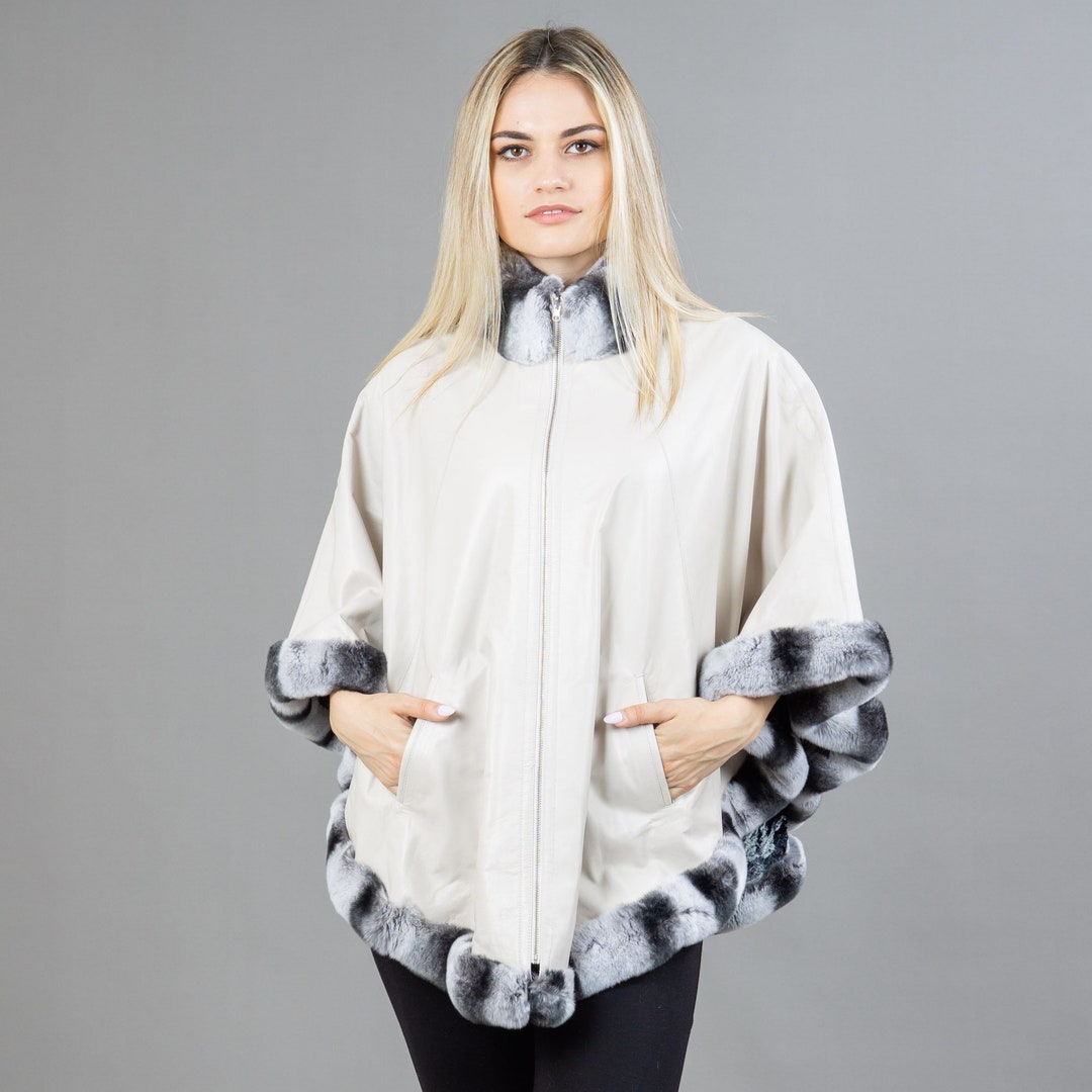 White Reversible Leather Cape Coat With Real Rex Rabbit Fur - Etsy