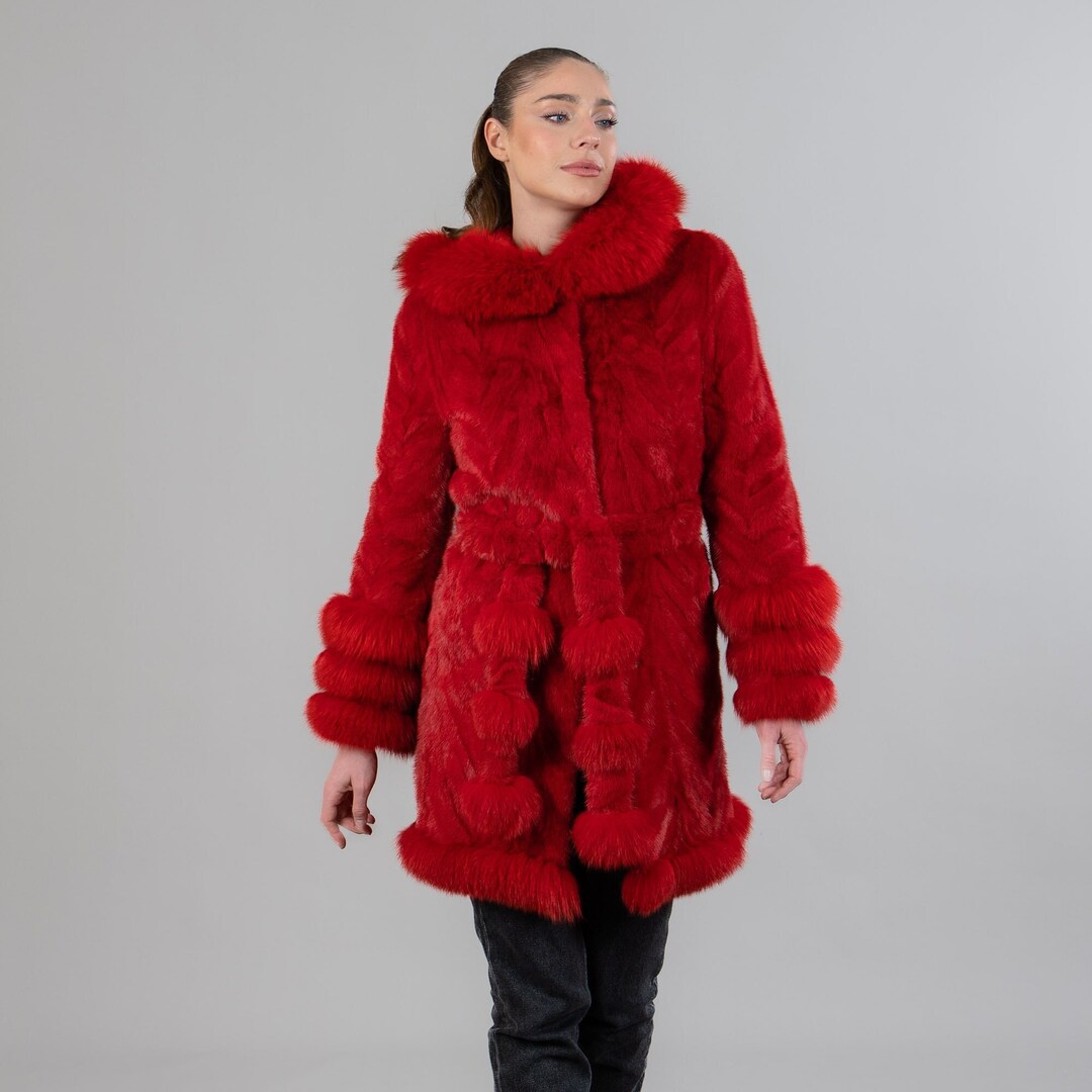 Red Mink Fur Coat With Fox Fur Details - Etsy