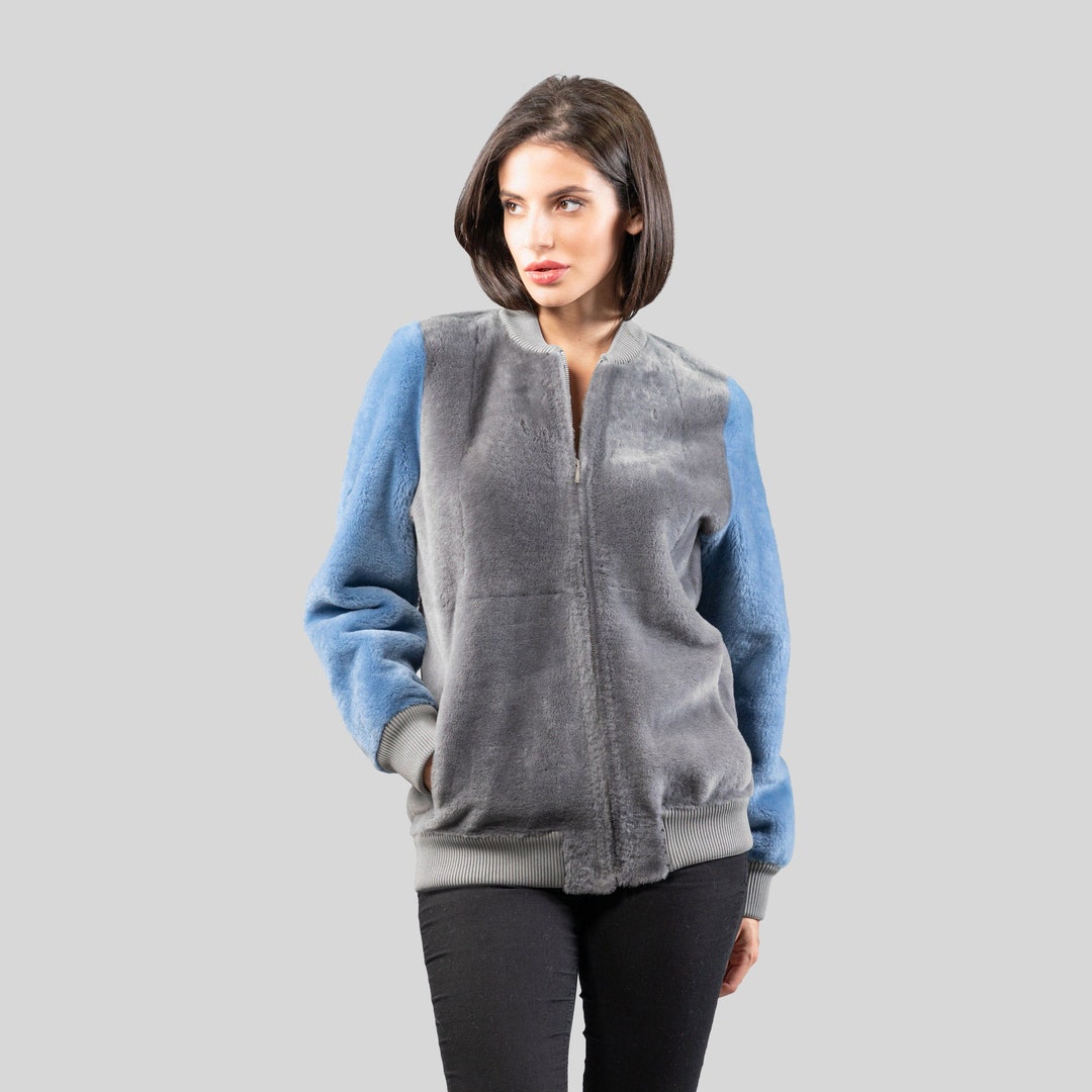 Light Gray Sheepskin Jacket With Light Blue Sleeves - Etsy