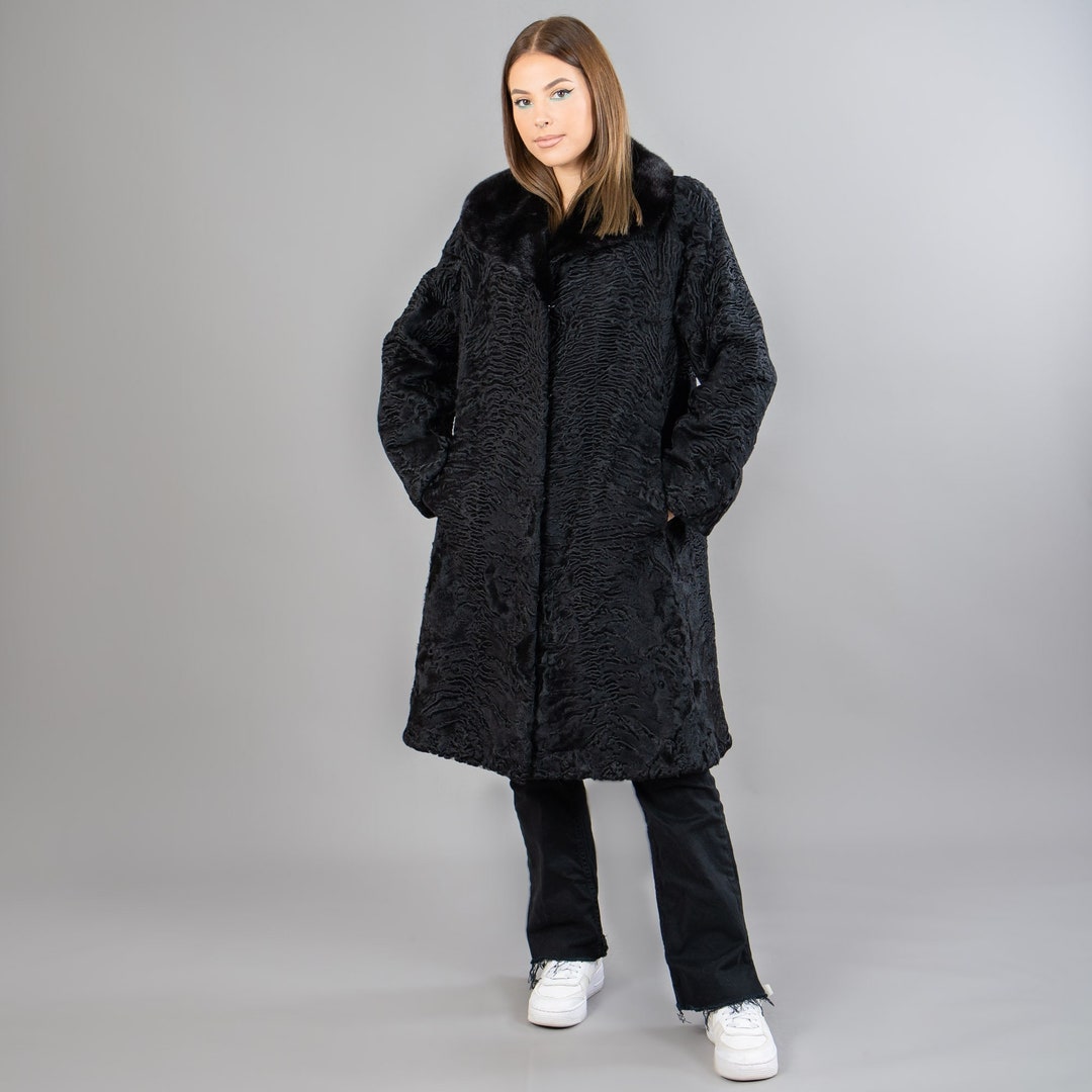 Genuine Astrakhan Fur Coat in Black Color With A Real Mink Fur Collar ...