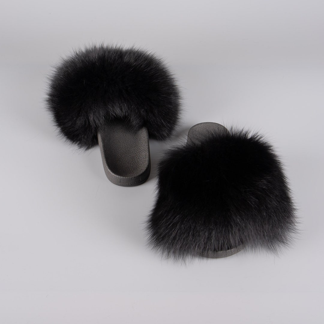 Fox Fur Slides in Black Color Fluffy Fur - Etsy