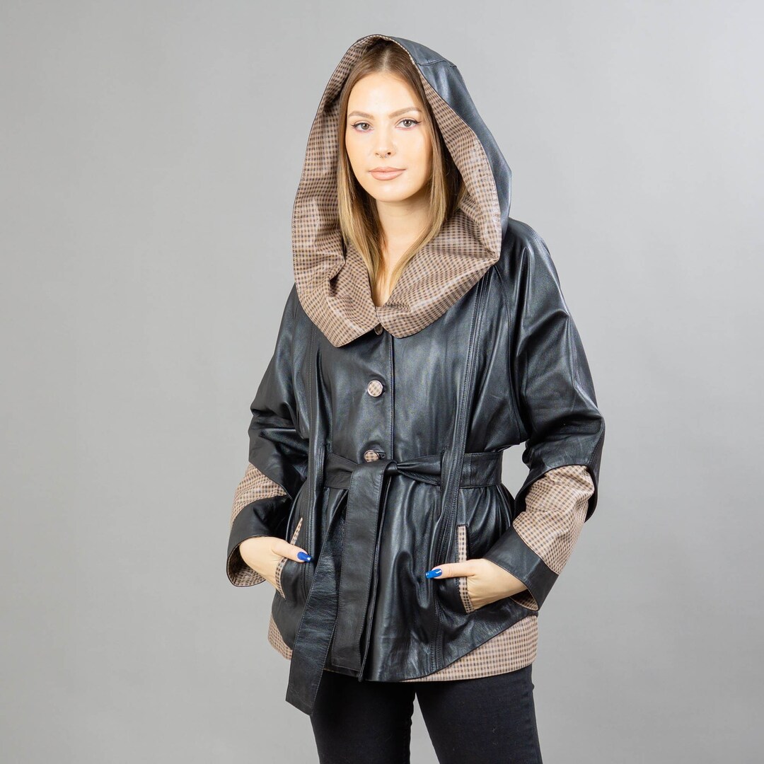 Real Leather Hooded Jacket in Black Color With Plaid Pattern Hood - Etsy