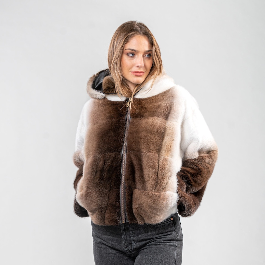 Hooded Mink Fur Jacket in Brown Shades for Women - Etsy