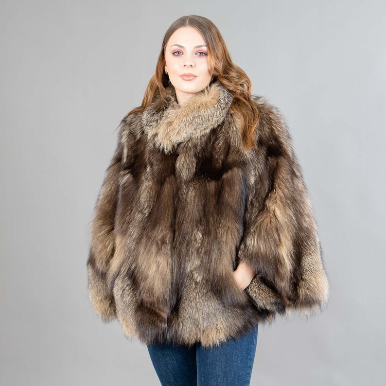 Genuine Fox Fur Cape Coat in Brown Color With A Fluffy Fur Collar - Etsy