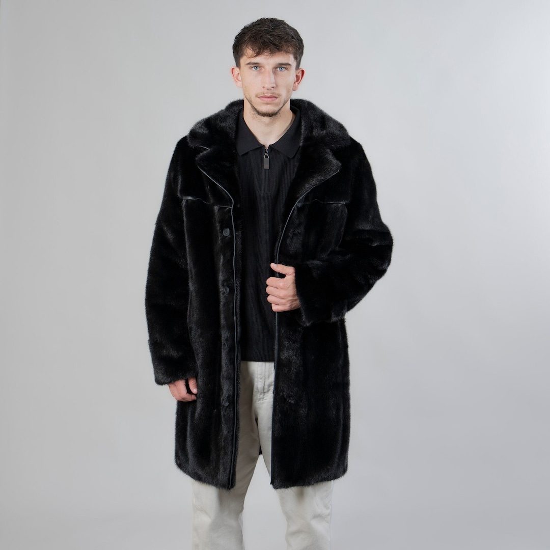 Men's Black Mink Fur Jacket With Leather Accents and Elegant Fur Collar ...